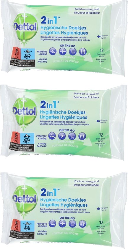 3 x Dettol Hygienische Doekjes 2in1 (12 stuks) - Voordeelverpakking | bol