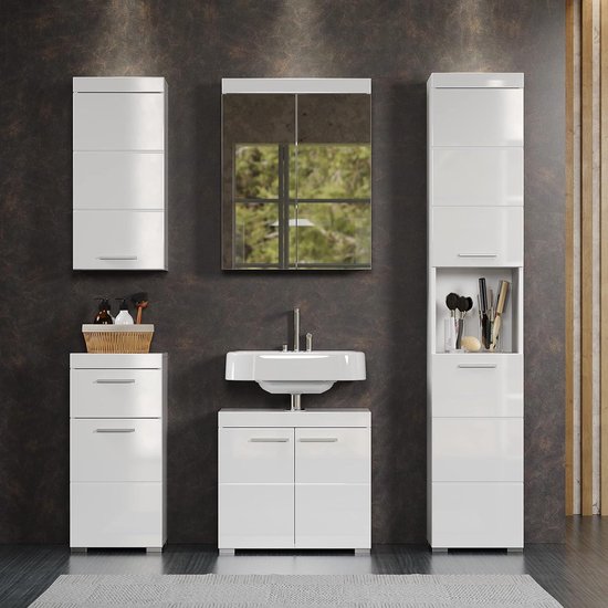 Badkamer kast Ainzi - 37 x 79 x 31 cm - Kopus wit/wit hoogglans - Veel ...