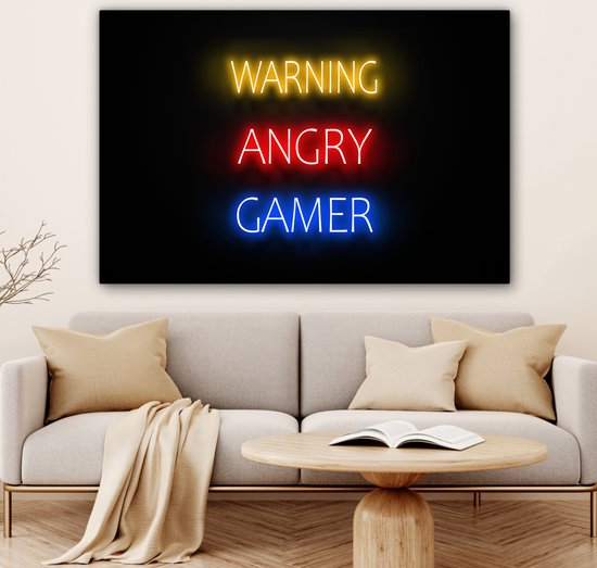 Canvas schilderij 120x80 cm - Wanddecoratie Gaming - Quotes - Warning ...