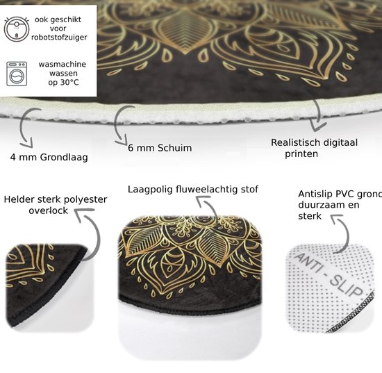 Badmat antislip rond Ø80 cm - Toiletmat - Gold mandala op zwart ...