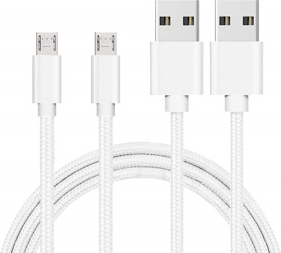 2x Micro USB naar USB A Nylon Gevlochten Kabel Zilver Wit - 1 meter ...