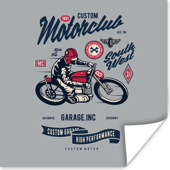 Poster Motorfiets - Helm - Vintage - Tekening - 75x75 cm - Vaderdag ...