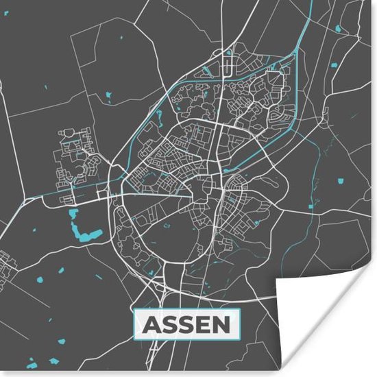 Poster Plattegrond - Assen - Grijs - Blauw - 50x50 cm - Stadskaart | bol