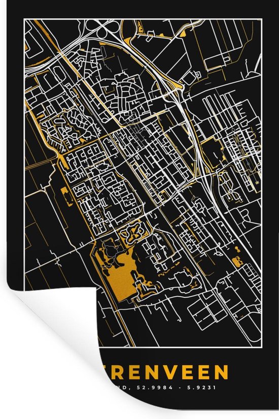 Stickers muraux - Carte - Heerenveen - Or - Zwart - 60x90 cm - Feuille ...