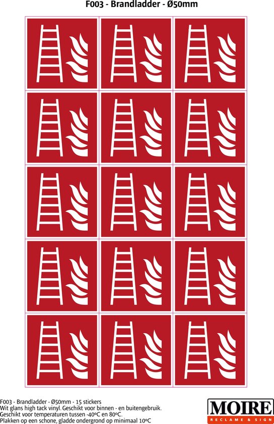 Pictogram sticker 75 stuks F003 - Brandladder - 50x50mm - 15 stickers ...