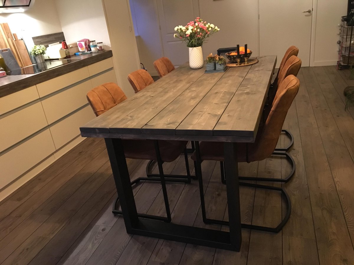 Industriële eettafel, kleur antraciet, 160cm met Industrieel slank U ...