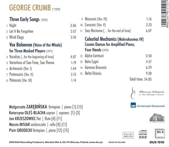 Crumb: Three Early Songs. Vox Balaenae. Celestial Mechanics, Malgorzata Zarebinska |... | bol.com