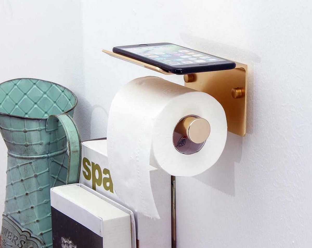 Toiletrolhouder industrieel met een telefoonplankje goud ...