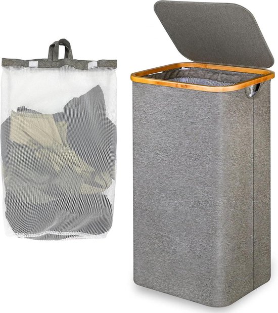 Large Laundry Basket with Lid - 100 Litres, Bamboo Handles, Foldable ...