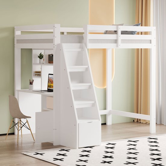 Sweiko Hoogslaper - 90 x 200 cm - met Bureau - Boekenrek - Lades - Wit ...