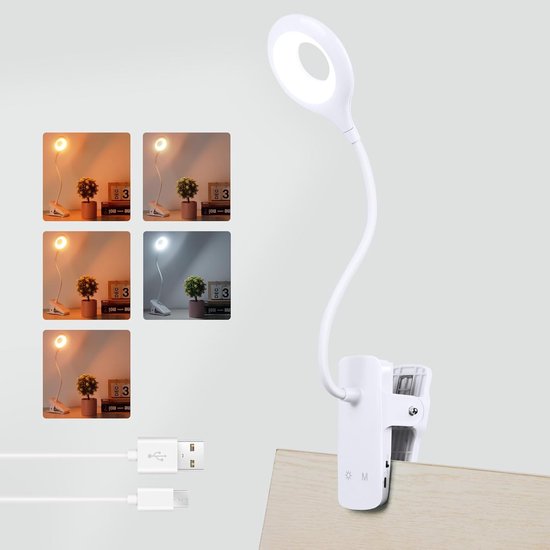 3W leeslamp met klem, type C opladen, 5 kleuren en 5 intensiteiten ...