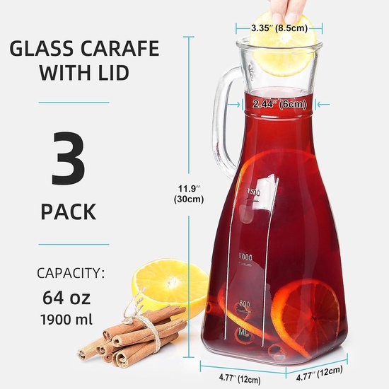 Glass Water Pitchers with Spout and Snap Lid Set of 3 - Easy to Pour ...