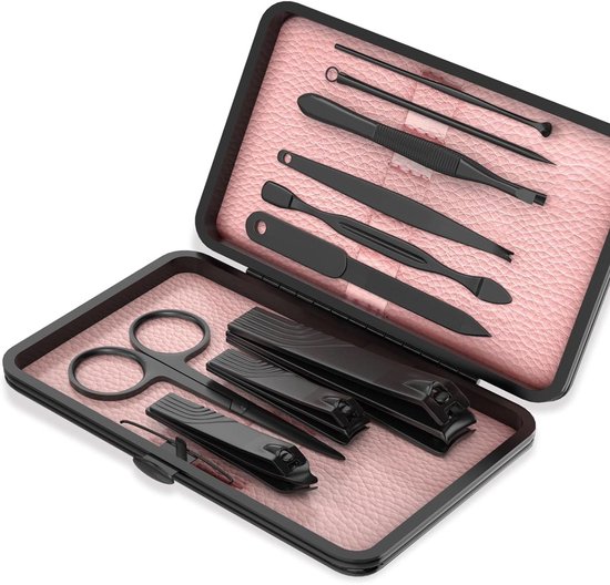 Mini Nail Care Kit - 10-in-1 RVS Manicure Pedicure Set - Zwart/Roze | bol