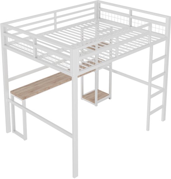 Hoogslaper, 140 x 200 cm, ijzeren frame, meerdere legplanken, bureau ...