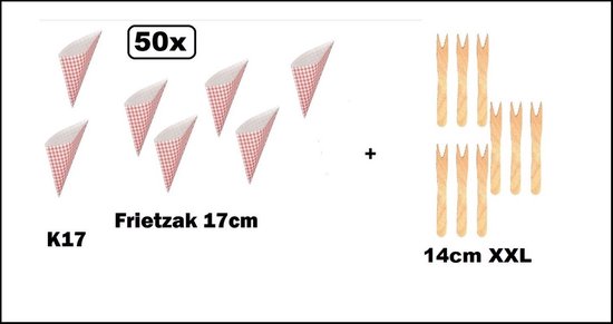 50x Frietzak Boerenbont 17cm papier + 50x XL houten frietvorkje 140mm ...