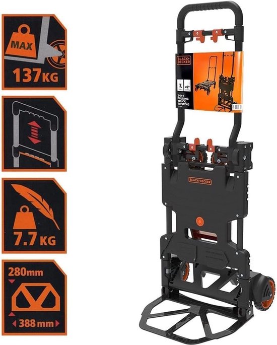 BLACK+DECKER 2-in-1 Steekwagen en Plateauwagen - Steekkar max. 55KG ...