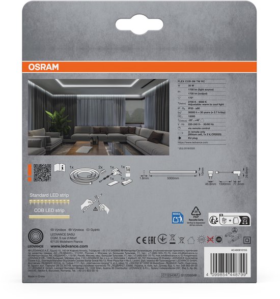 OSRAM FLEX COB 5M LED strip TW RC, geel, 30W, 1700lm, regelbaar van ...
