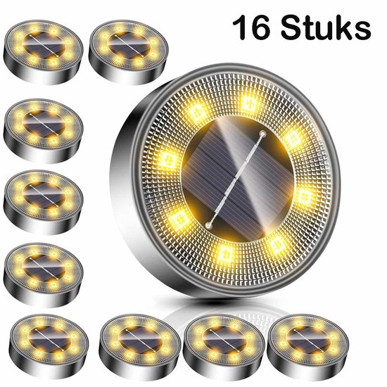 Led Solar Grondspots - (16 stuks)Warm wit-RVS met 8 Leds Spotjes Grond ...