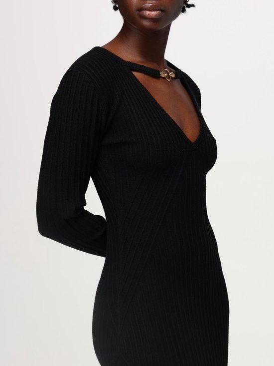 Ribbed Knit Midi Dress Keyhole Neck Wo - Black Dresses | bol