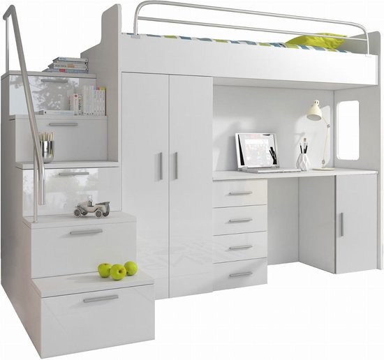 Raj 4S jeugdset - wit/wit glans - bureau - kledingkast - Stapelbed ...
