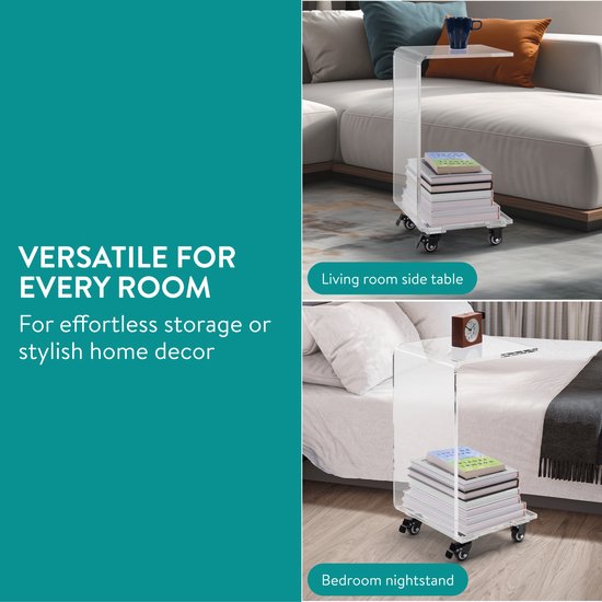 Navaris acryl bijzettafel op wieltjes - Roltafel - Past onder bank en ...