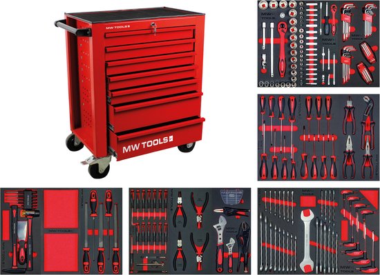 Gevulde rode gereedschapswagen STARTER 212-delig MW Tools MWE211R | bol