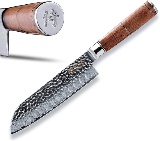 Damascus mes Santoku met uiterst scherp 17.5cm lemmet van Damascus ...