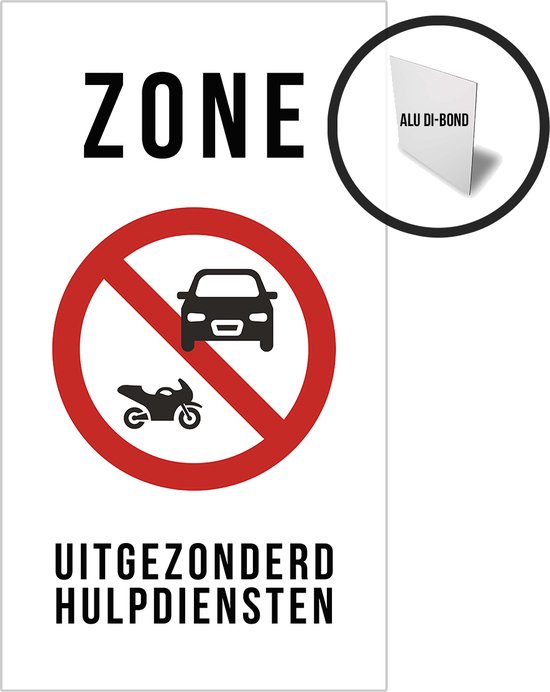 Pictogram/ bord alu di-bond XL | "Zone" - Verboden voor auto's/ motors ...