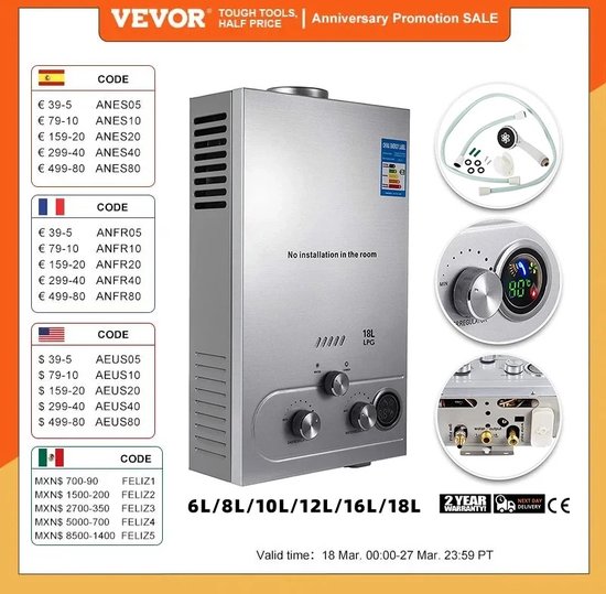 KOSMOS - VEVOR Propaan Geiser - LPG/Butaan Geiser - 16 L - Regelbare ...