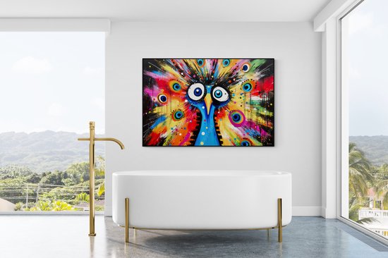 JJ-Art (Canvas) 60x40 | Gekke pauw, abstract in Herman Brood stijl ...