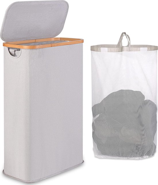 Wasmand voor wasgoed 60L - Slanke opvouwbare wasmand met bamboe handvat en deksel... | bol