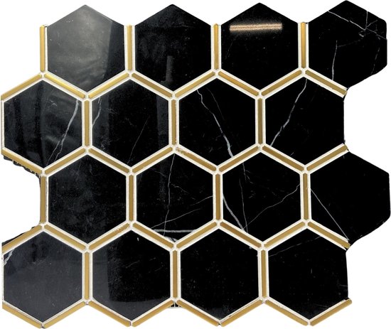 Natuursteen steenstrip mozaïektegel - Black marble golden hexagon-Leno ...