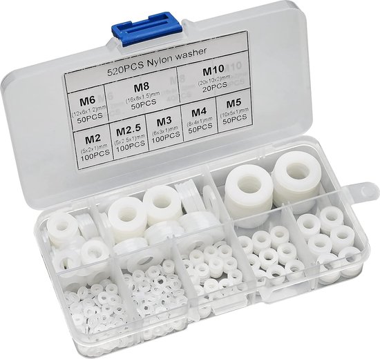 520 stuks kunststof sluitringen, nylon afstandhouder, M2, M2,5, M3, M4, M5, M6, M8,... | bol