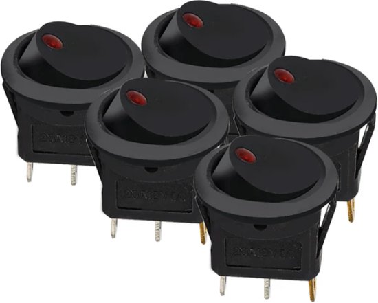 TLVX 5 stuks Schakelaar Rond Zwart met Rood lampje – LED indicator ...