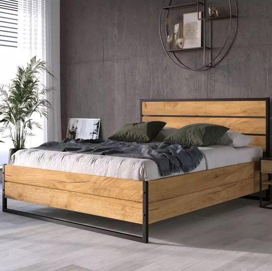 Eiken bed met metalen frame en opbergruimte 160X200 | bol