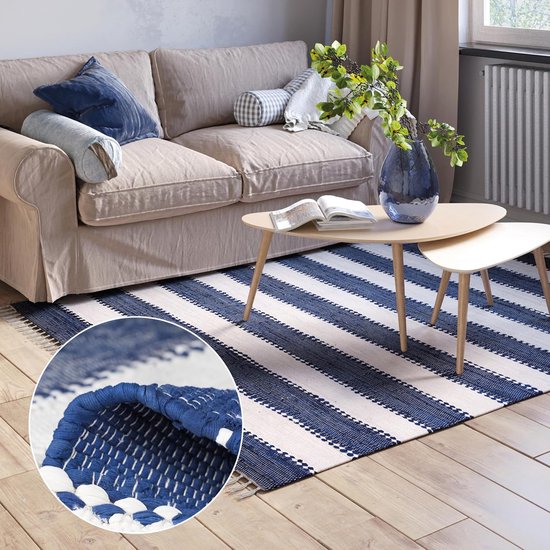 Chindi Aarav Tapijt 60 x 110 cm - Blauw Wit gestreept, handgeweven ...