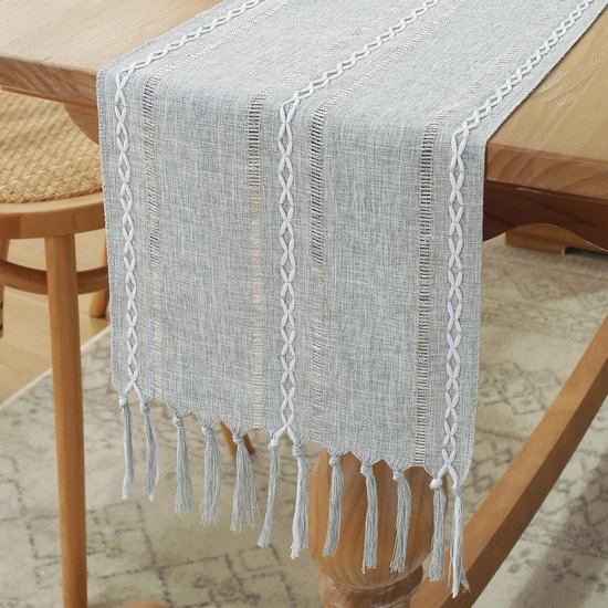 Katoenlinnen tafelloper van geweven gehaakte grijze tafelloper 180 cm lang met... | bol