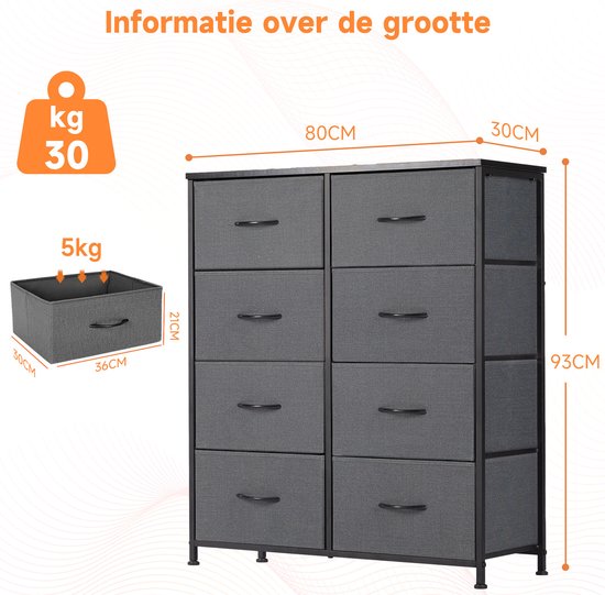 Commode - kast - opbergkast, 8 laden van stof met handgrepen - metalen ...