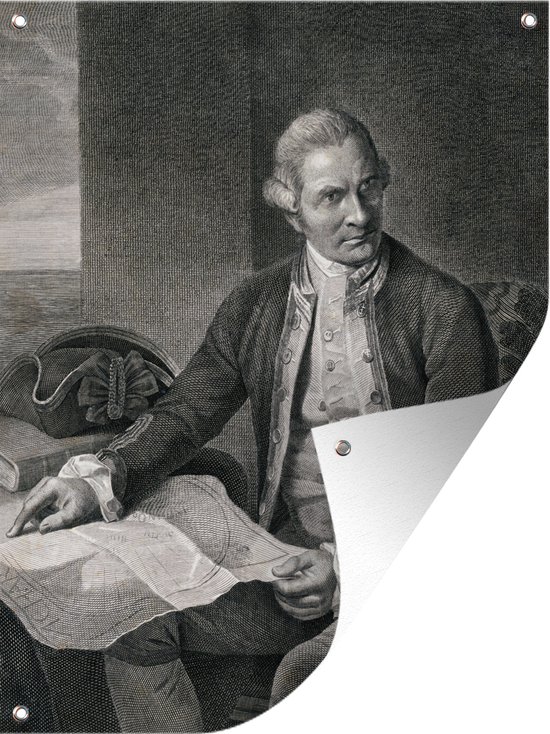 Tuinschilderij Illustratie van een portret van James Cook met kaart ...