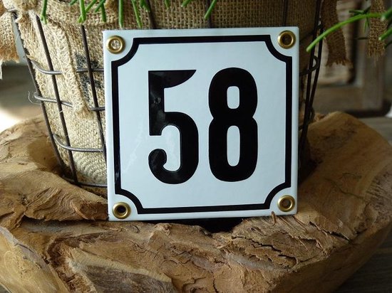 Emaille huisnummer 10x10 wit/zwart nr. 58 | bol.com