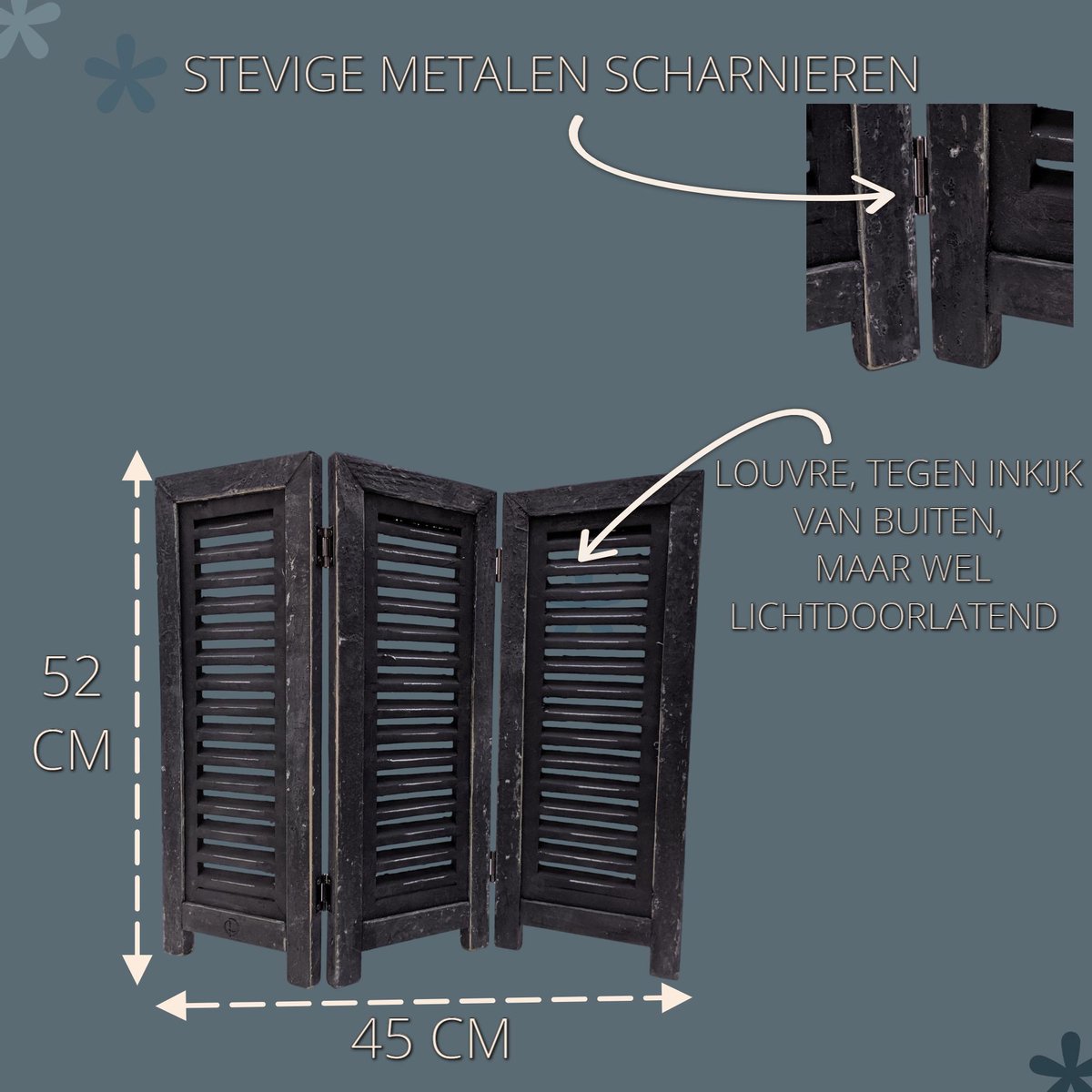 Raamscherm hout 52 cm - landelijke shutter als raam scherm zwart ...