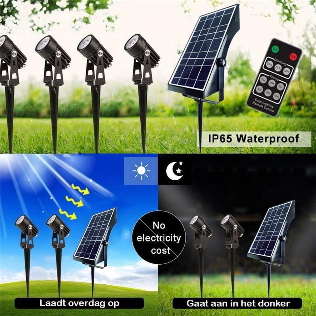 LED Solar tuinspots - set 4 stuks – warm licht – met afstandsbediening ...