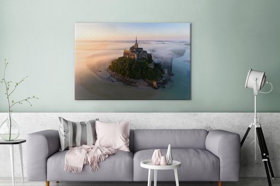 Canvas Schilderij Kasteel - Frankrijk - Mist - 140x90 cm - Wanddecoratie | bol