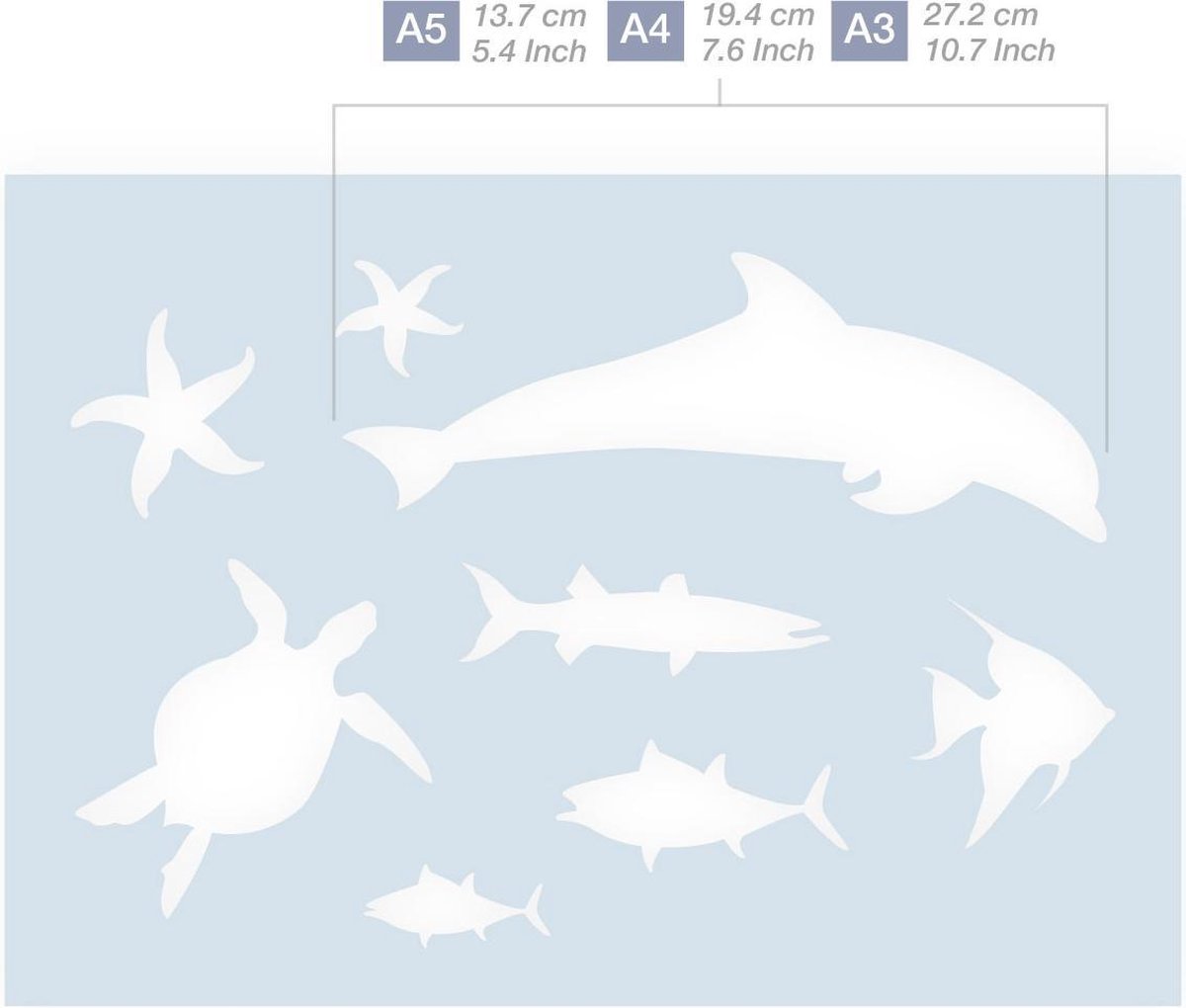 QBIX Zeedieren Sjabloon - A4 Formaat - Kunststof - Vis, Dolfijn ...