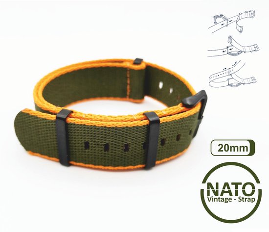 Bracelet Nato 20 mm VERT ORANGE avec boucle noire - Vintage James Bond ...