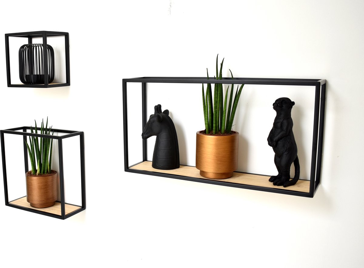 Wandschap 52cm breed x 27cm hoog x 12cm diep - Wandrek zwart met hout ...