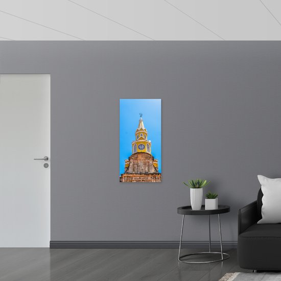 Hout - Gele Klok Toren onder Blauwe Lucht - 50x100 cm - 9 mm dik - Foto ...