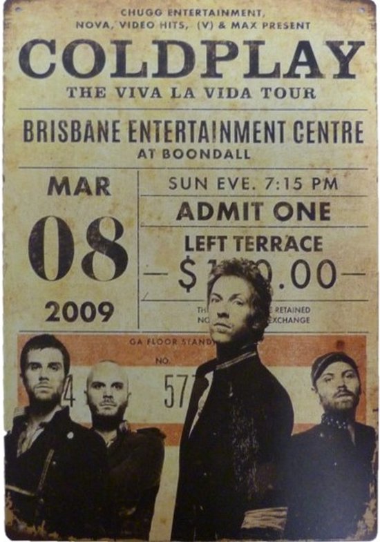 Metalen wandbord concertbord Coldplay Brisbane - 20 x 30 cm | bol