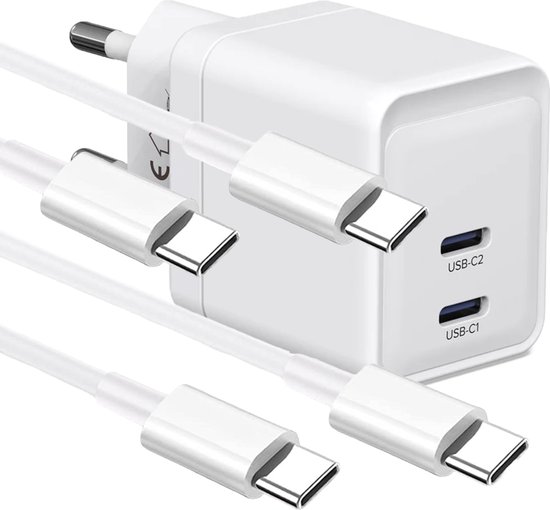 Dubbele USB-C Oplaadstekker met 2x Lange USBC Oplader Kabel - 2 Meter - GaN... | bol