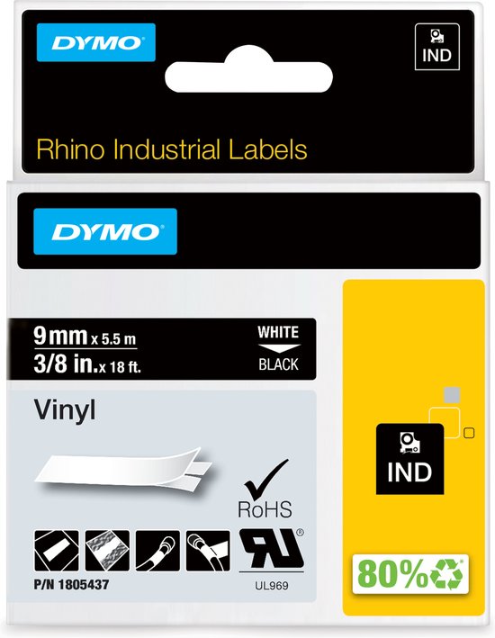 DYMO Rhino industriële Vinyl Labels | 9 mm x 5,5 m | witte afdruk op ...